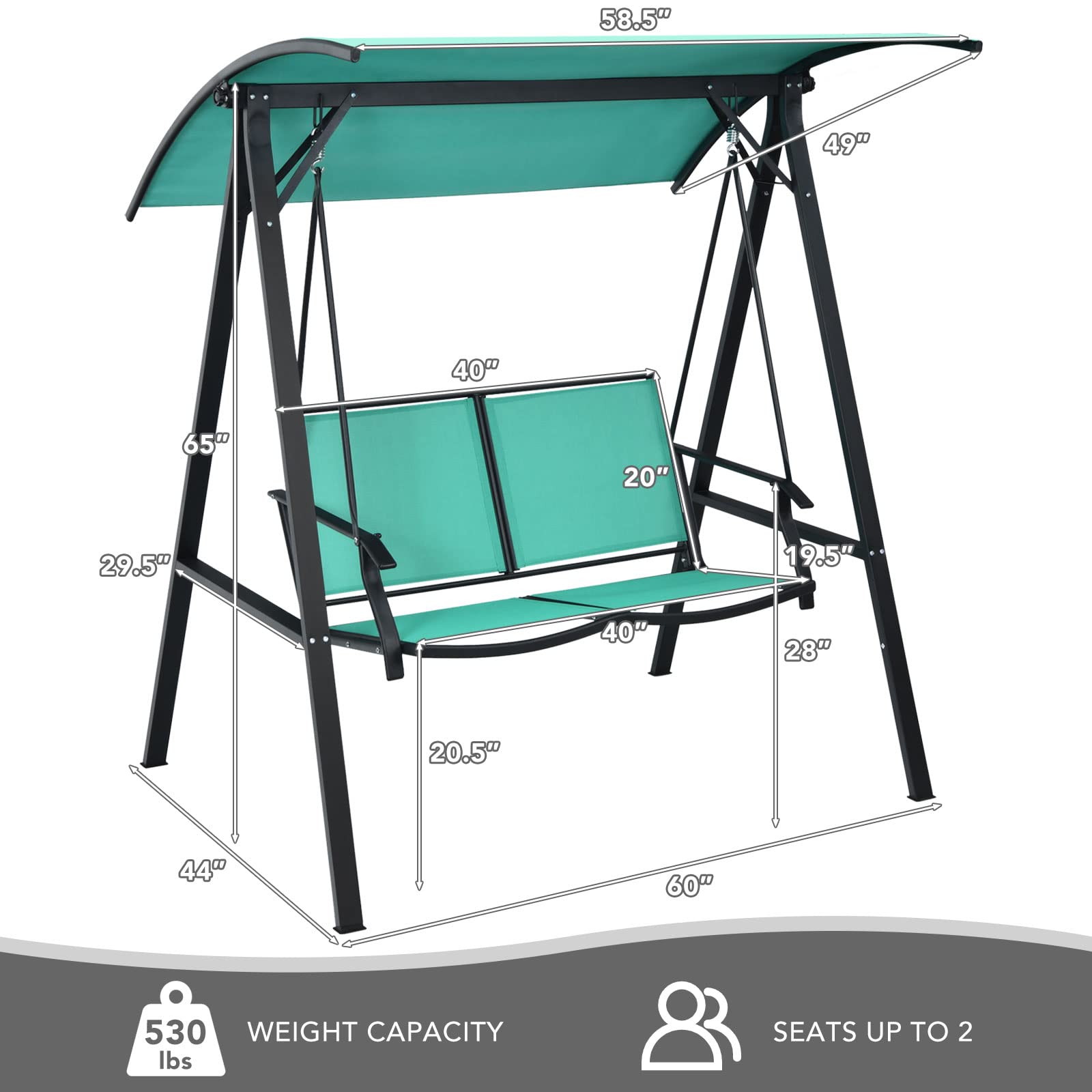 Tangkula 2-Person Patio Swing, Weather Resistant Porch Swing with Adjustable Canopy, Steel Frame, Outdoor Modern Canopy Swing with Handrails, Suitable for Porch Garden Poolside (Green)