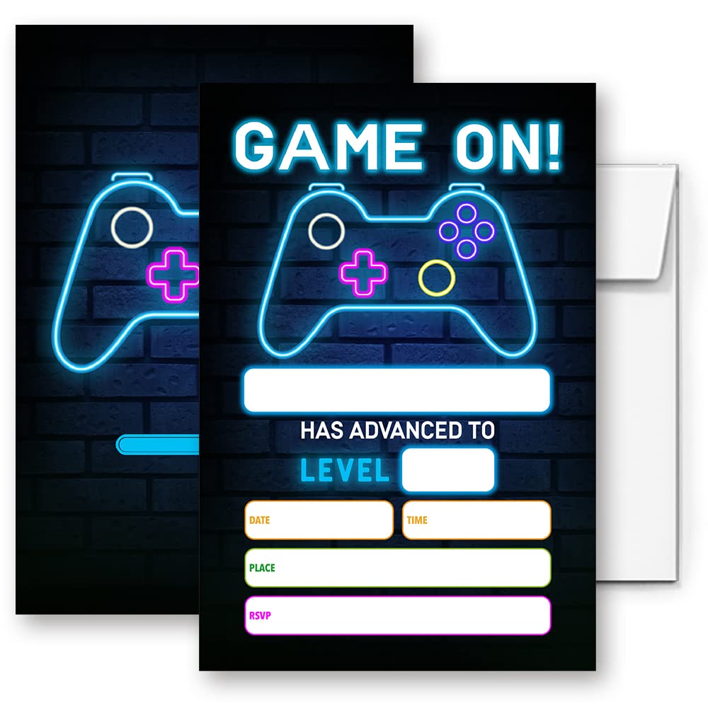 LoaHak Video Game Birthday Party Invitations, Video Game Birthday Invitations, Neon Party Invite, Birthday Party Invitations for Friends, Classmates, Teammates, etc. (048)