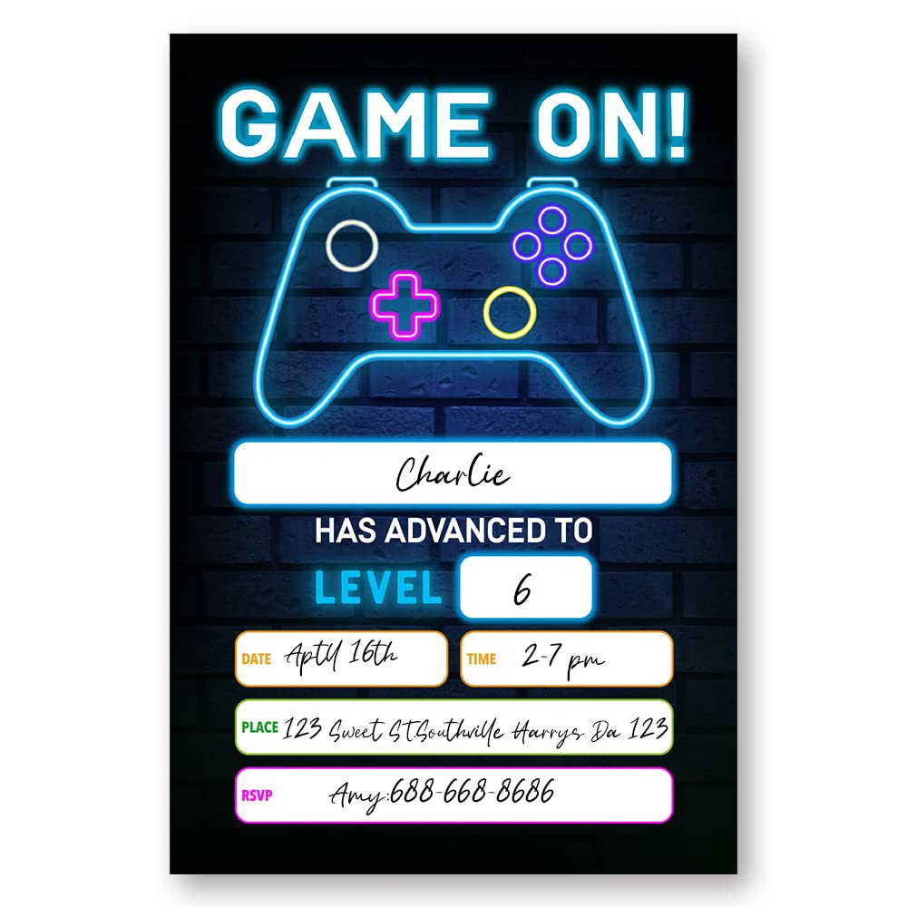 LoaHak Video Game Birthday Party Invitations, Video Game Birthday Invitations, Neon Party Invite, Birthday Party Invitations for Friends, Classmates, Teammates, etc. (048)