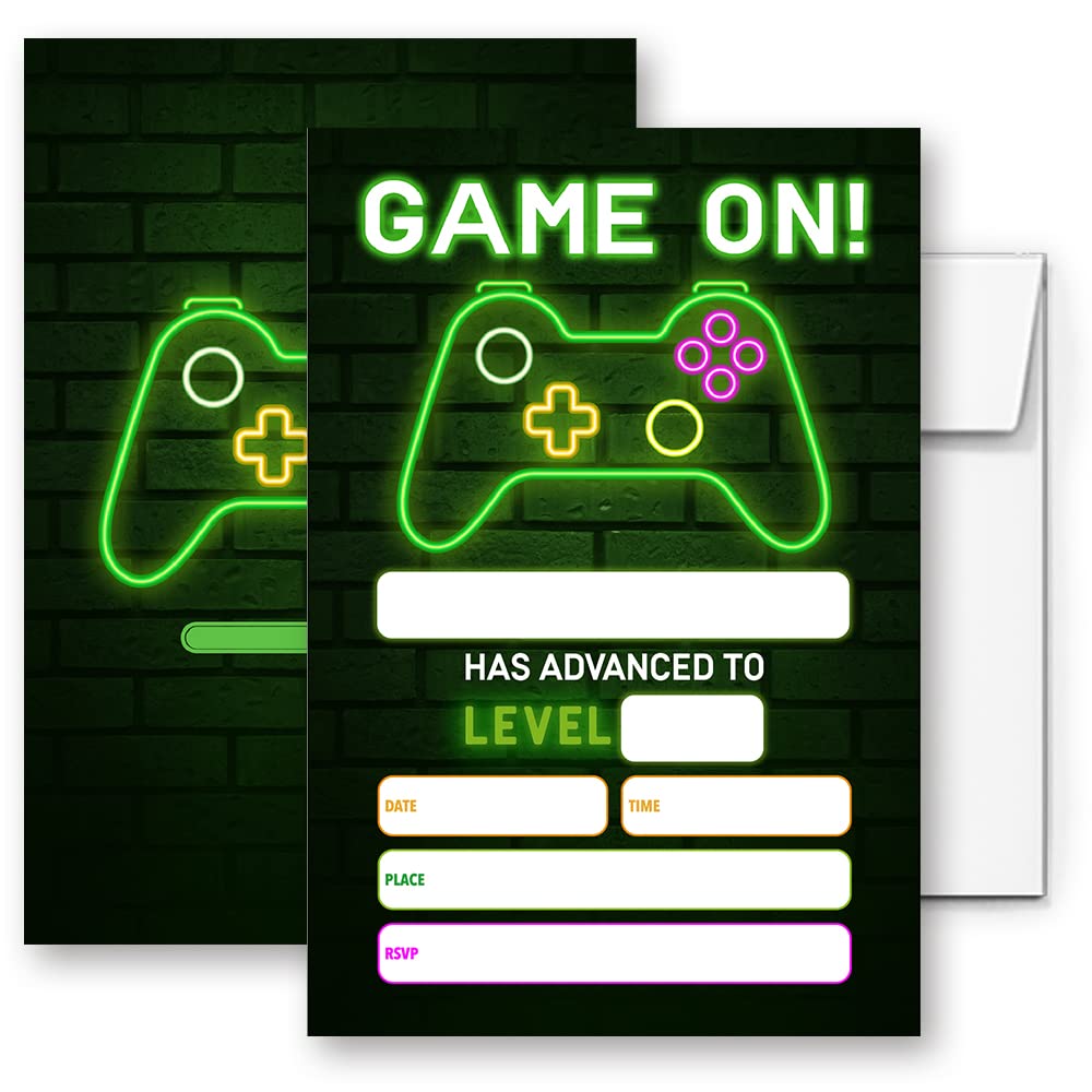 LoaHak Video Game Birthday Party Invitations, Video Game Birthday Invitations, Neon Party Invite, Birthday Party Invitations for Friends, Classmates, Teammates, etc. (055)