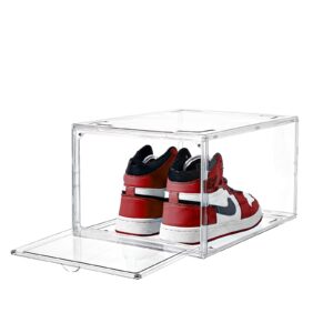 shoeshield ultra all clear shoe boxes plastic stackable professional grade shoe display case with magnetic front drop door open easy assembly modern shoe sneaker display case fits us size 14