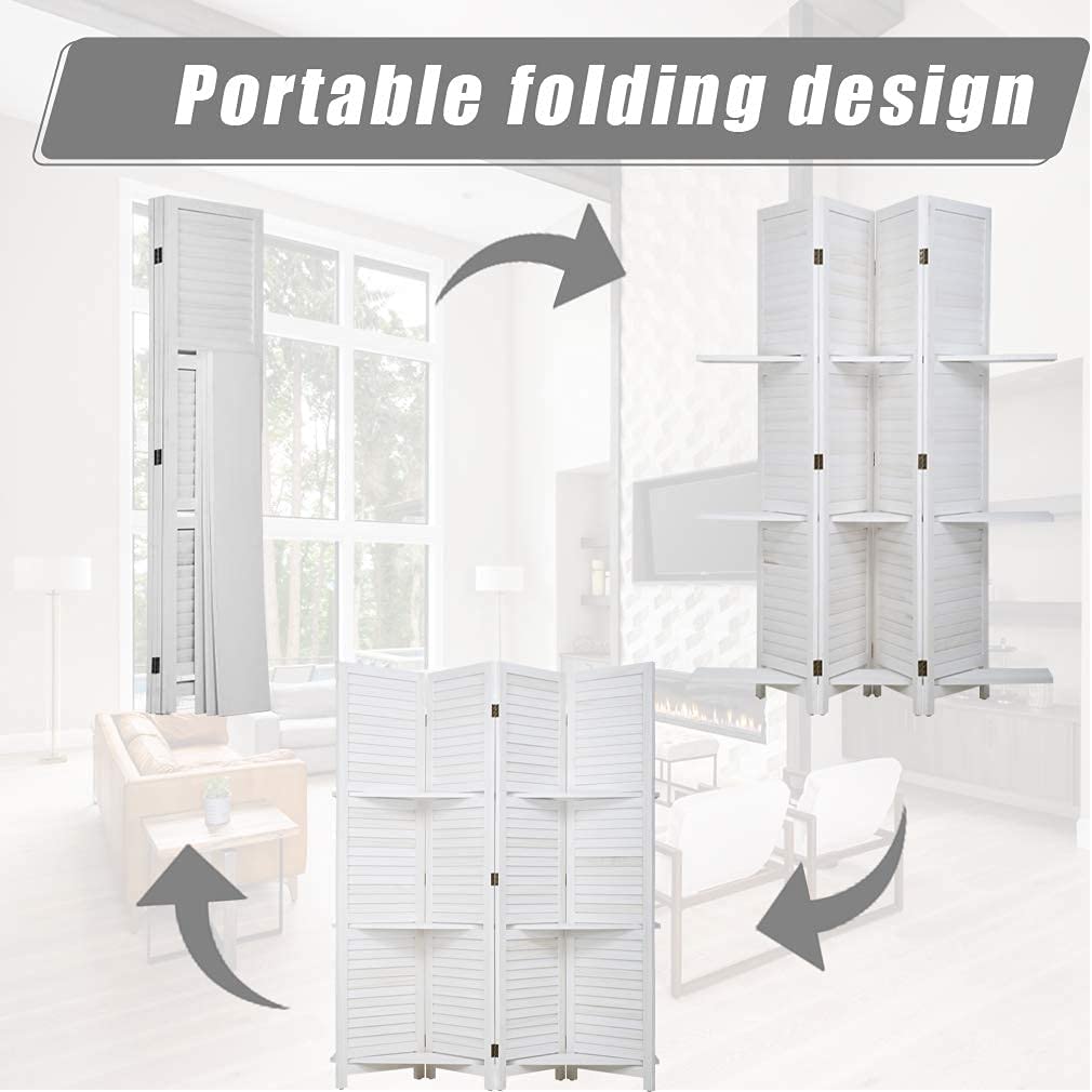 69" H Room Dividers and Folding Privacy Screens, 4 Panel Wooden Room Divider, Partition Room Dividers with 3 Removable Storage Shelves, Portable Room Divider for Home Office Bedroom Divider, White