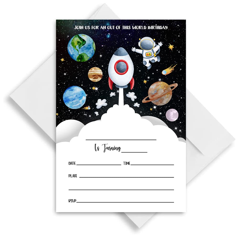 LoaHak Outer Space Birthday Party Invitations Card For Kids, Planets Rocket Ship Party, Galaxy Birthday Invitation. (064)