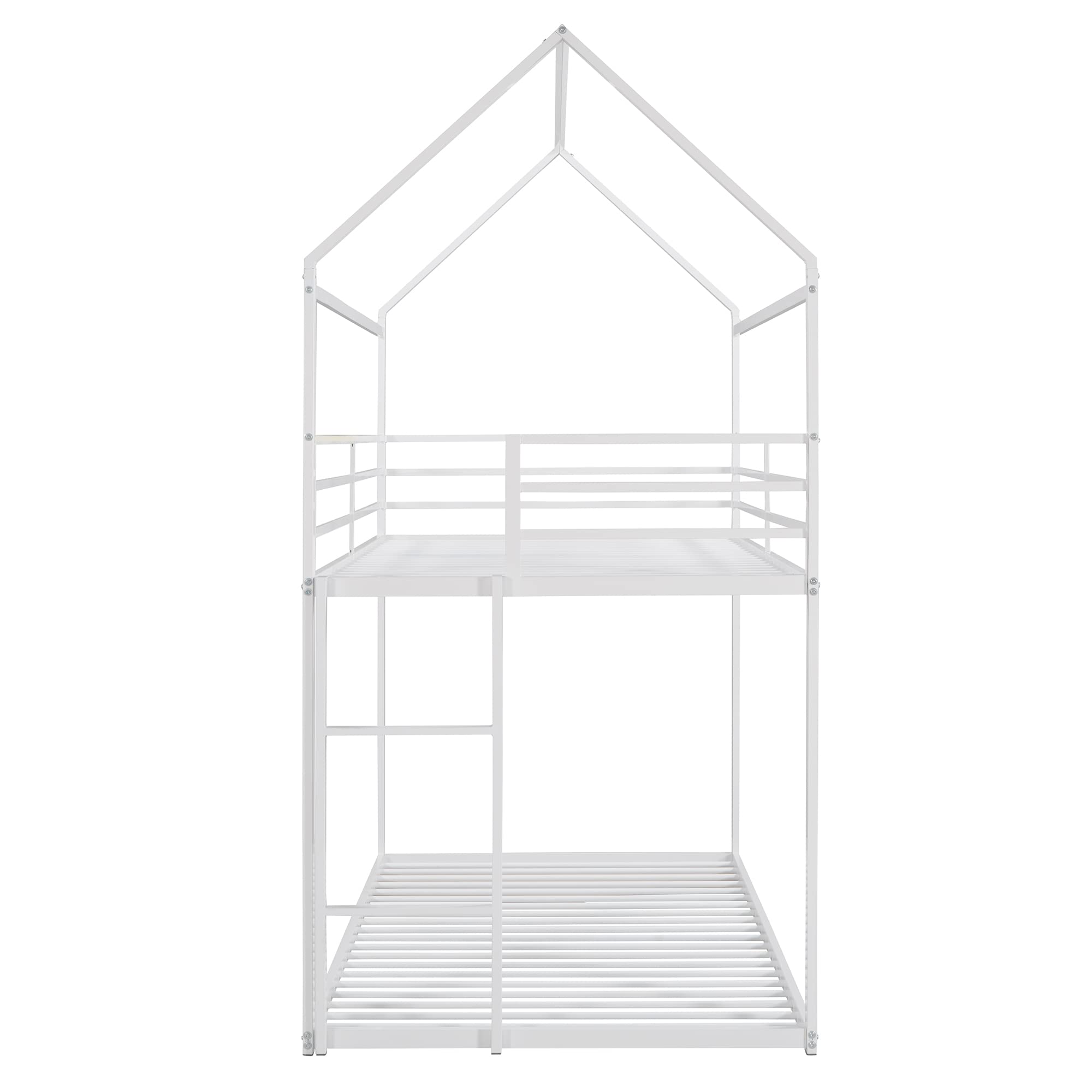 LostCat Twin Over Twin Metal Bunk Bed, House Low Bunk Bed Frame w/Safety Guardrail & Ladder, No Box Spring Needed, SEasy to Install, for Kids, Teens, Girls, Boys, White