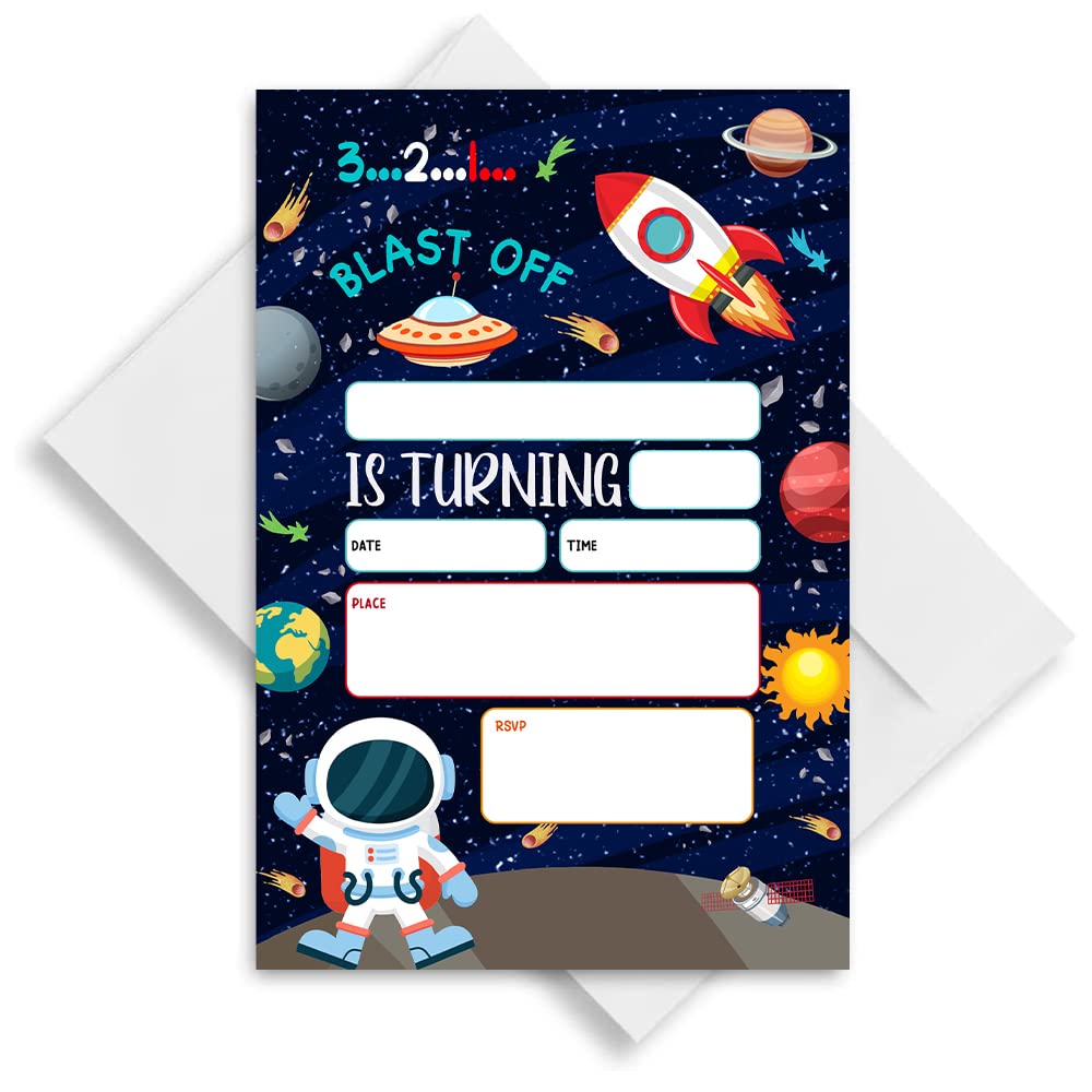 LoaHak Astronaut Birthday Party Invitations Card For Kids, Planets Rocket Ship Party, Outer Space Birthday Invitation. (074)