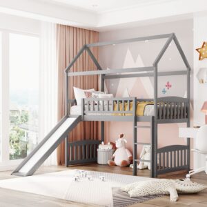 lostcat twin size loft bed with slide, house shaped solid pine wood bed frame w/safety guardrail & ladder, no box spring needed, save space design, for kids, teens, girls, boys, gray