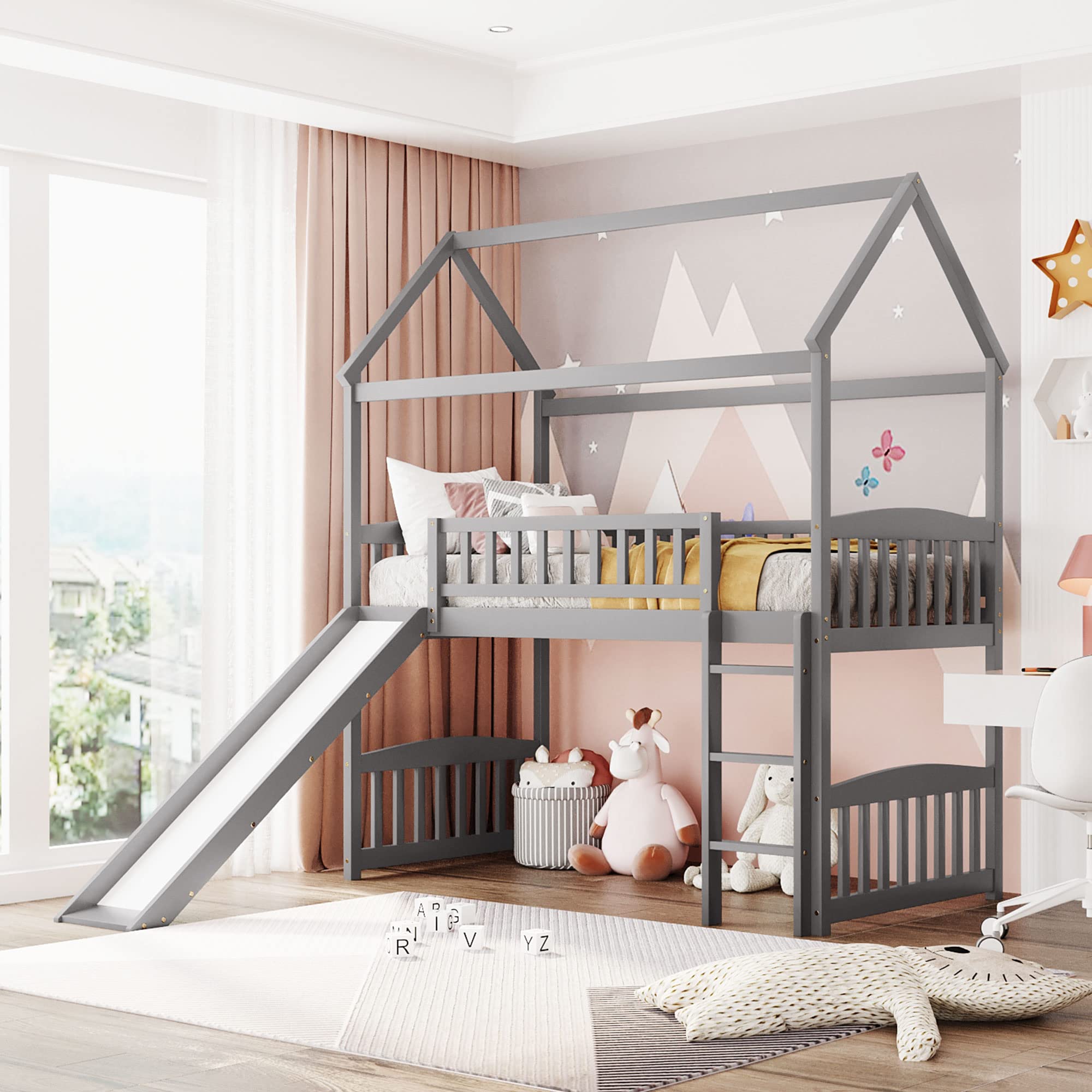 LostCat Twin Size Loft Bed with Slide, House Shaped Solid Pine Wood Bed Frame w/Safety Guardrail & Ladder, No Box Spring Needed, Save Space Design, for Kids, Teens, Girls, Boys, Gray