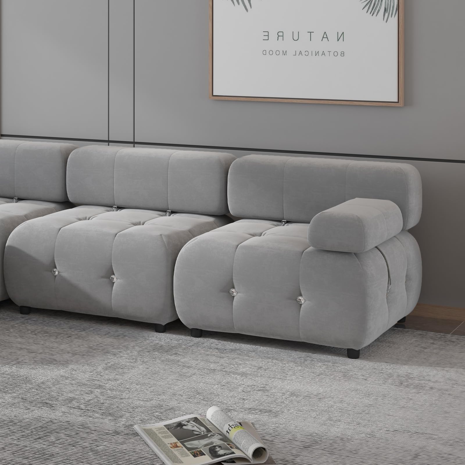 CECER 103" W Convertible Modular Sectional Sofa, L-Shaped Minimalist Velvet Sofas Couch, Luxury Modern 4-Seater Bubble Sofa with Ottoman for Living Room/Office/Apartment-Light Grey