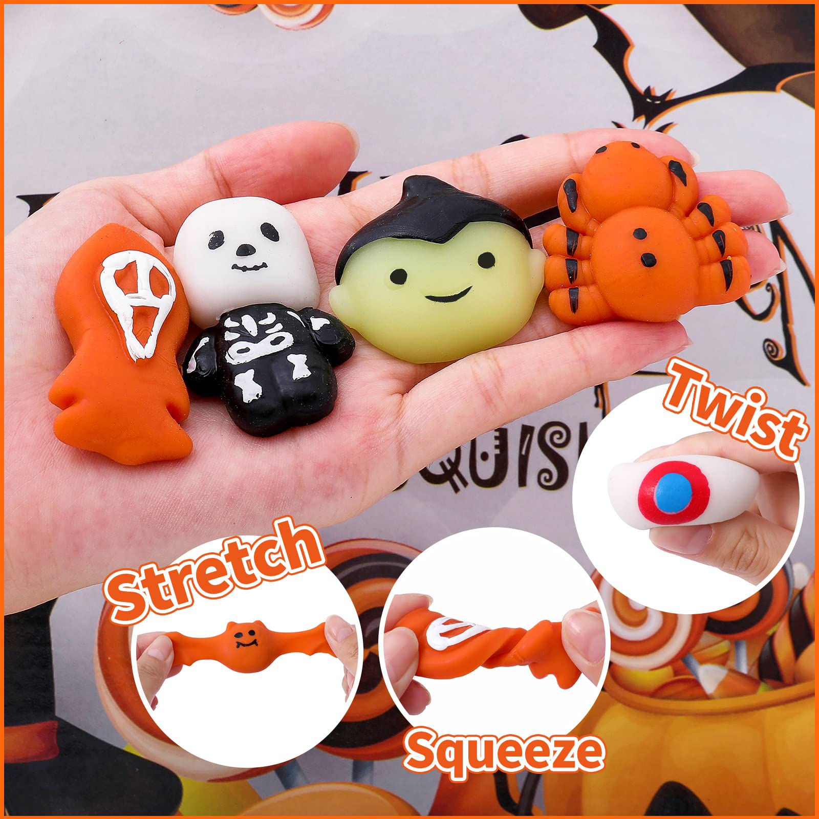 50Pack Halloween Goodie Bag Fillers Mochi Squishy Toys, Party Favors for Kids, Kawaii Squishies Fidget Toys, Stress Relief Toys Trick or Treat Stuffers Classroom Rewards Carnival Prize