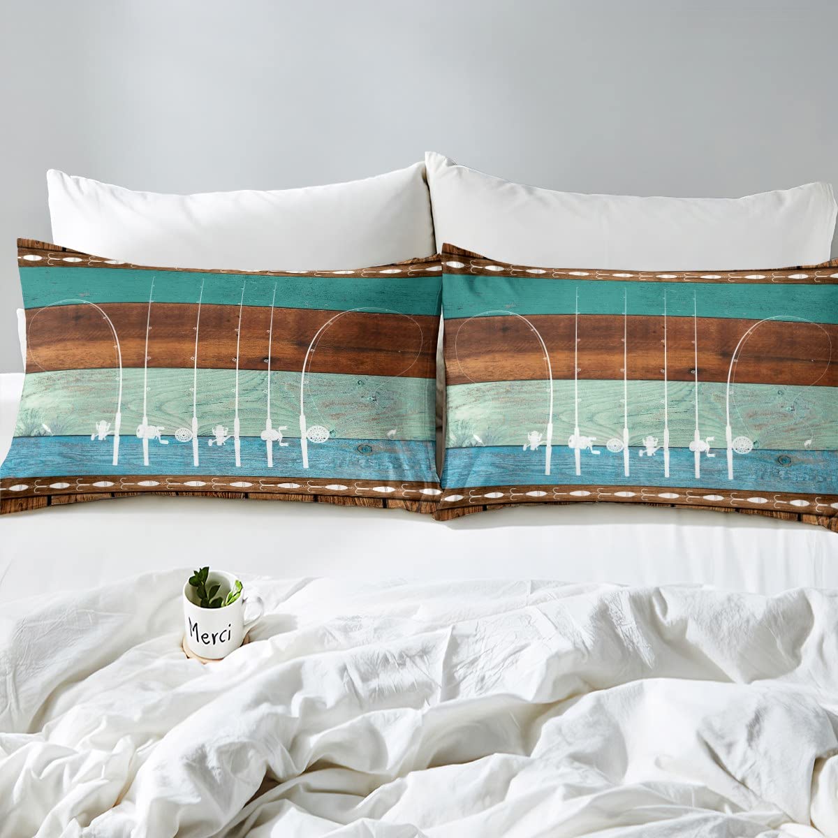 Go Fishing Bedding Set Fishing Line Fish Comforter Cover Fishing Gifts for Men,Rustic Wooden Plank Duvet Cover Fishings Rods Bed Sets Full,Fish Fancier Room Decor Dad Gift for Fathers Day,Brown Blue