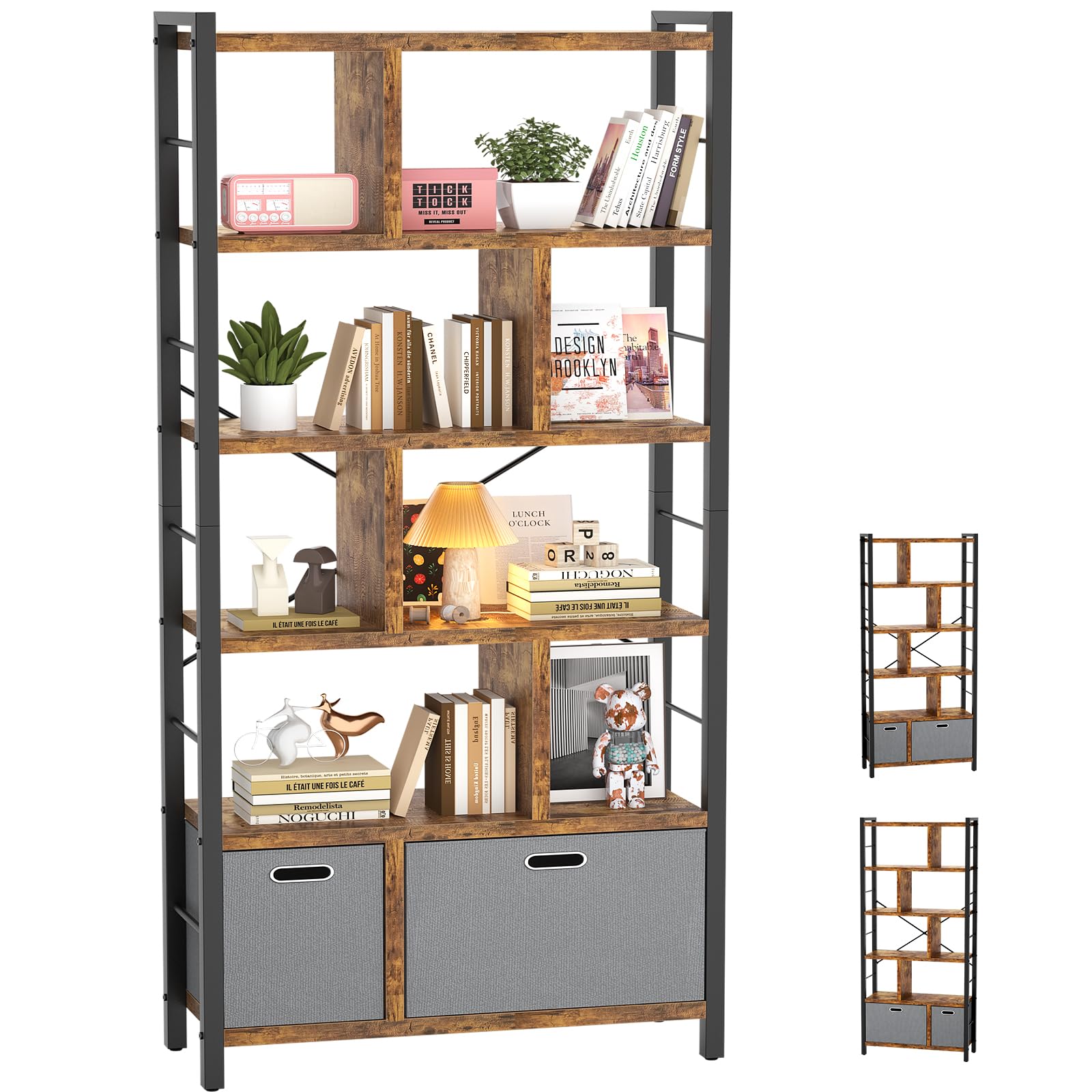 74 Inch Tall Bookshelf, 6 Tier Bookcase with Drawers, Modern Book Shelf Display Standing Shelf Units with Storage, Wood and Metal Bookshelves for Living Room, Bedroom, Home Office, Rustic Brown