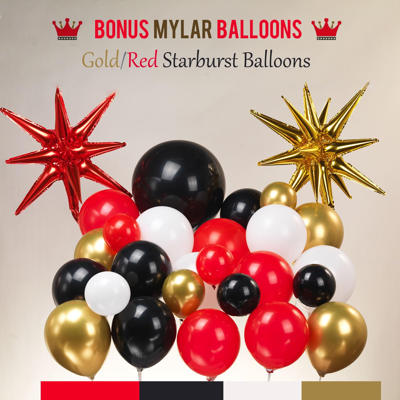 Kozee Black Red Gold White Balloon Garland kit 146Pcs and Mylar starburst balloons for Birthday Party 2024 New Year eve movie night graduation prom casino Decorations