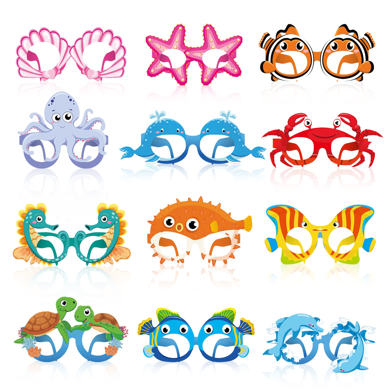 Harloon 36 Pcs Sea Animal Party Favors Under Ocean Paper Glasses Ocean Animal Photo Props for Fishing Birthday Party Supplies (Bright)