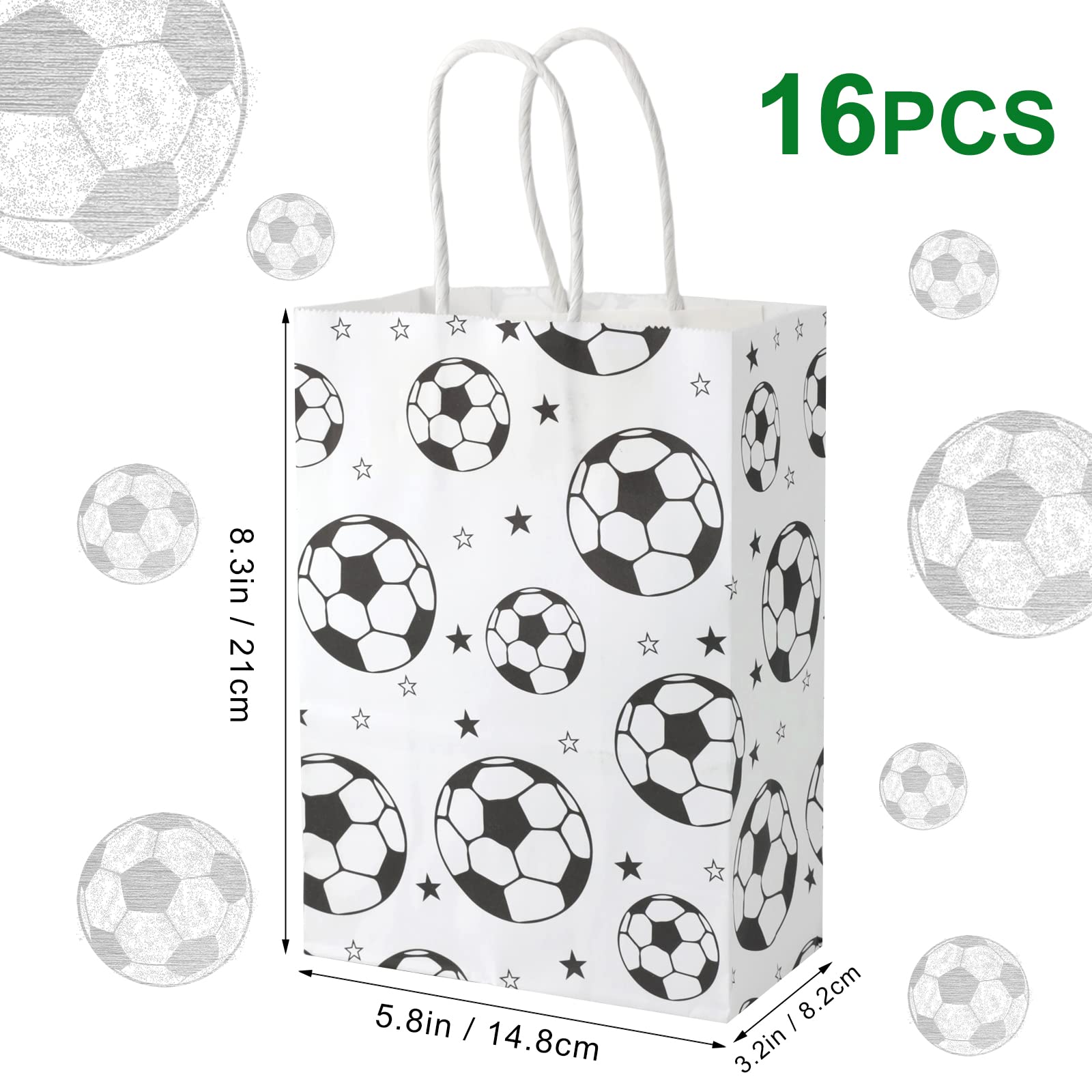 16pcs Soccer Party Favor Paper Bags, White Football Gift Bag Football Themed Party Bags with Handles Soccer Goodie Bags Treat Candy Bags for Kids Adults Soccer Party Supplies