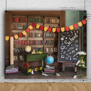 School Pictures Backdrop 10x8ft Fabric Back to School Photos Library Bookshelf Backdrop Teacher Pictures Background Kids Graduation Day Backdrop Students First Day of School Backdrop