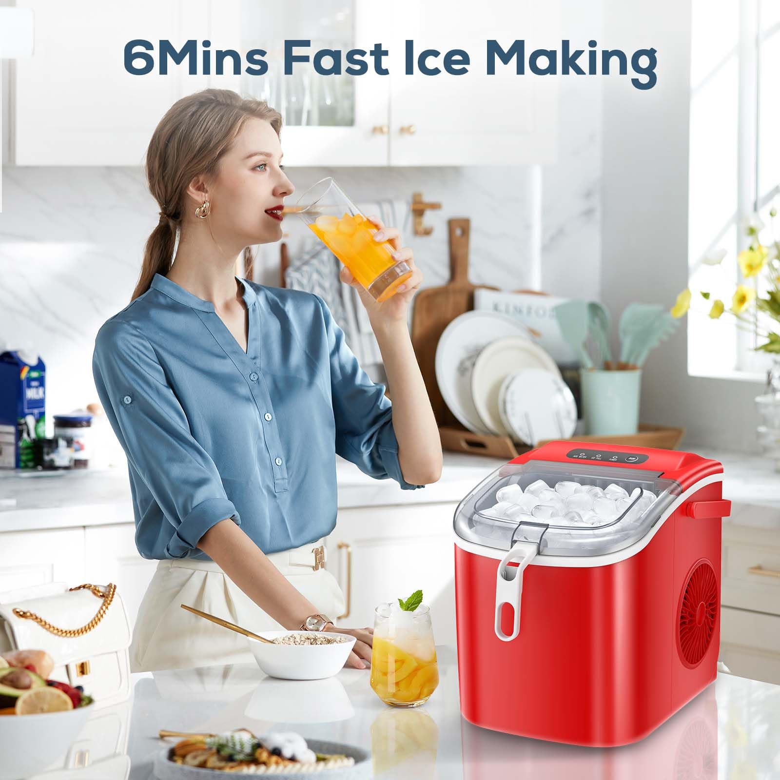 ZAFRO Ice Makers Countertop, Portable Ice Machine with Handles, Self-Cleaning Ice Makers with Basket and Scoop, 9 Cubes in 6 Mins, 26 lbs Per Day, Suitable for Your Kitchen, Office, Party （Red）