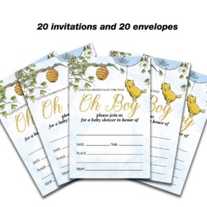 Dolimifa Blue Oh Boy a Little Hunny is on His Way Baby Shower Invitations Fill in Style Classic Winnie the Pooh Bear Baby Shower Invites, 20 Count With Envelopes