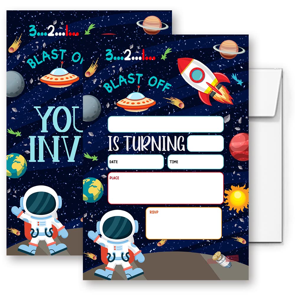 LoaHak Astronaut Birthday Party Invitations Card For Kids, Planets Rocket Ship Party, Outer Space Birthday Invitation. (074)