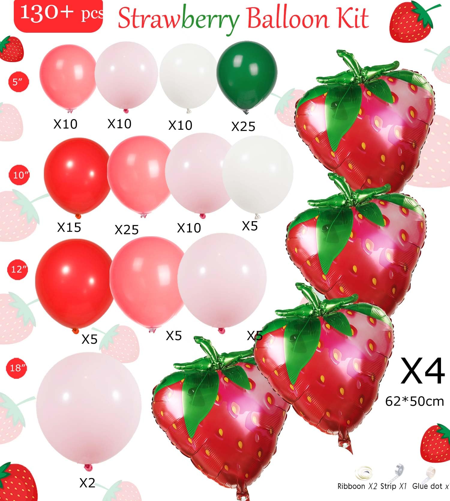 Red Pink Green Strawberry Balloon garland arch kit 130pcs with large mylar berry balloon for Sweet One baby girl fruit theme Berry first 1st Birthday Party Decorations