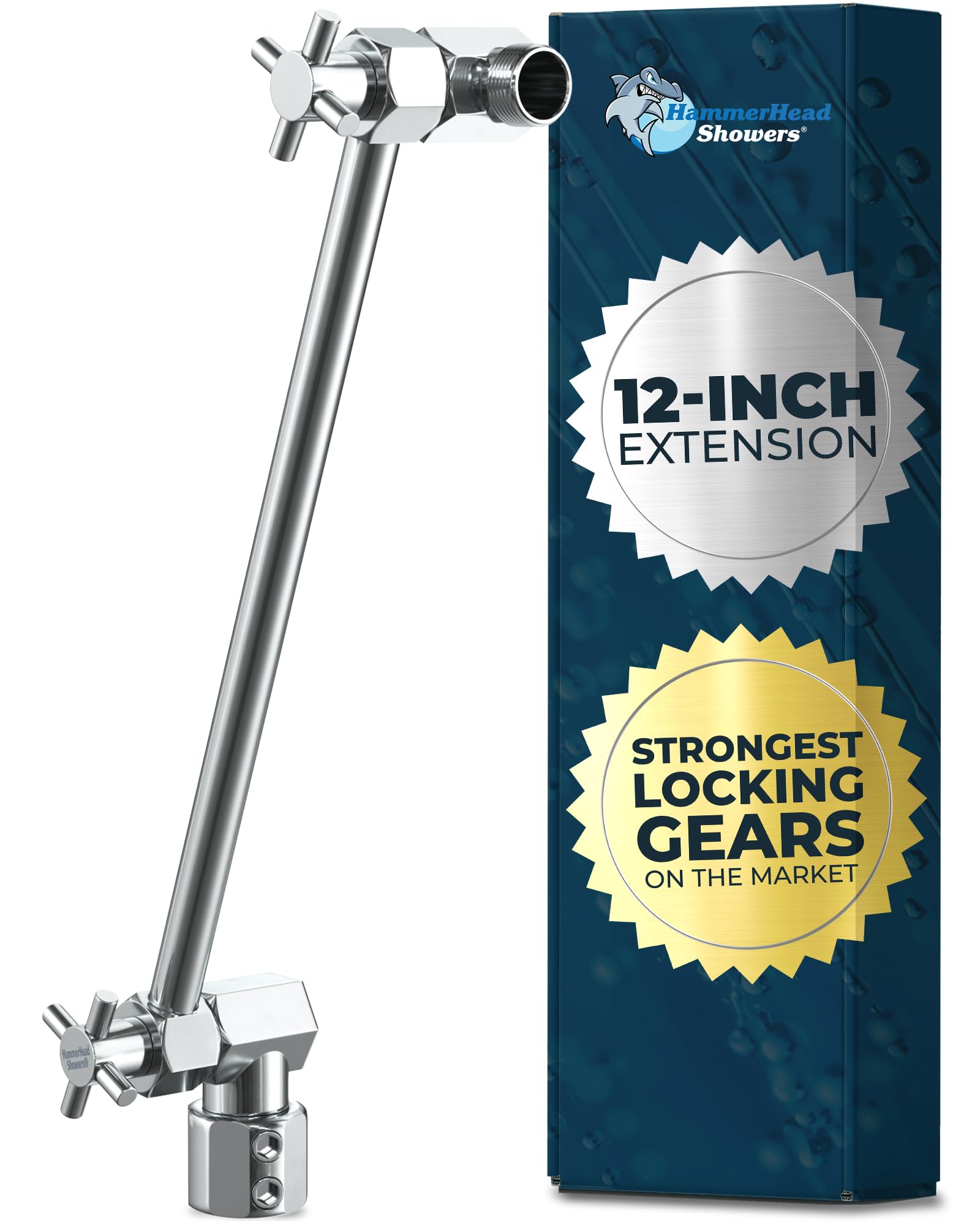 HammerHead Showers® ALL METAL 12 Inch Shower Head Extension Arm - Adjustable Shower Arm Extension Raises Showerhead Height - Shower Extender Arm Supports up to 10lbs — Chrome