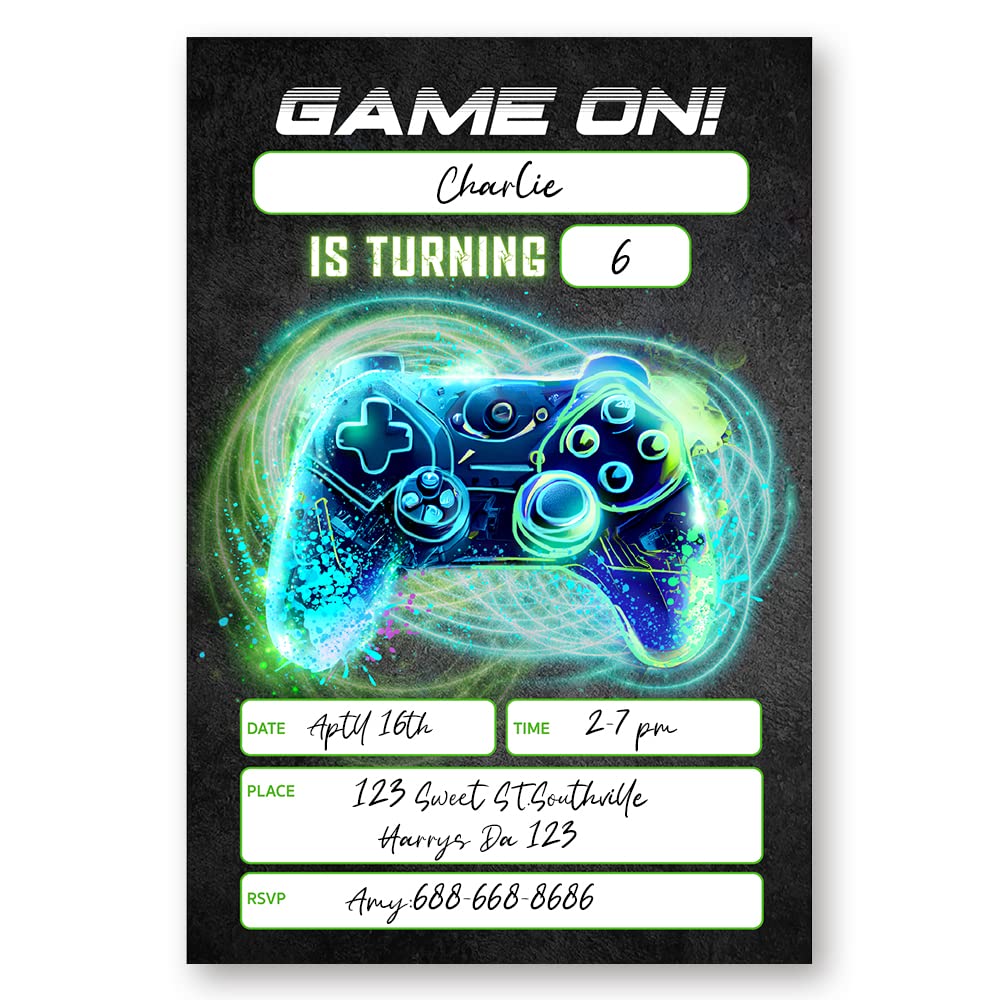 LoaHak Video Game Birthday Party Invitations, Video Game Birthday Invitations, Neon Party Invite, Birthday Party Invitations for Friends, Classmates, Teammates, etc. (046)