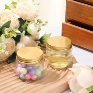 Tanlade 60 Pcs 3 oz Clear Plastic Jars with Lids Wide Mouth Mason Jars Mini Storage Containers Bulk for Herb Jelly Wedding Valentine Favors Shower Party Favors(Gold)