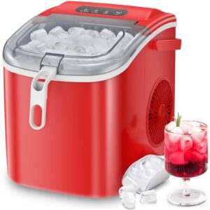 zafro ice makers countertop, portable ice machine with handles, self-cleaning ice makers with basket and scoop, 9 cubes in 6 mins, 26 lbs per day, suitable for your kitchen, office, party （red）