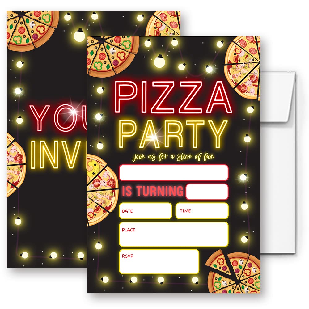 LoaHak Pizza Birthday Invitation, Glow Birthday Invitations, Pizza Birthday Party Invitations, Glow Neon Party Favors Neon Party Invites Cards. (075)