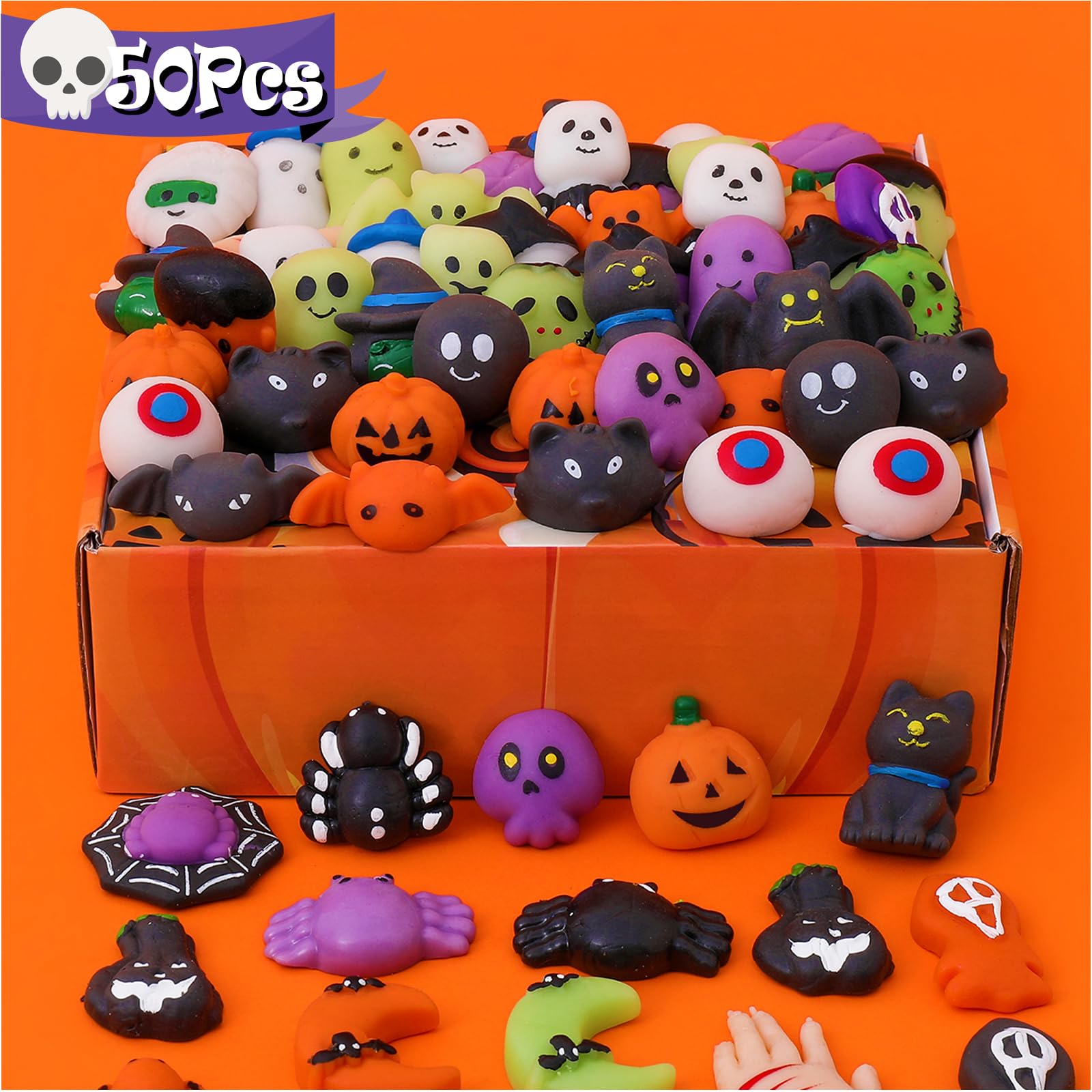 50Pack Halloween Goodie Bag Fillers Mochi Squishy Toys, Party Favors for Kids, Kawaii Squishies Fidget Toys, Stress Relief Toys Trick or Treat Stuffers Classroom Rewards Carnival Prize