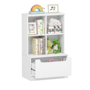 utex kids bookshelf and toy storage organizer, toddlers bookcase with cubbies, adjustable wood shelf with drawer for bedroom, playroom, nursery, white