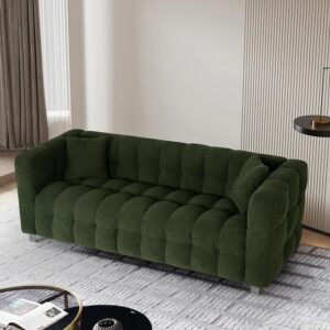 bsyeio modern sofa couch with metal legs upholstered tufted 3 seater couch with 2 pillows comfy boucle couch for living room, bedroom, office, 80 inch wide (green-teddy)