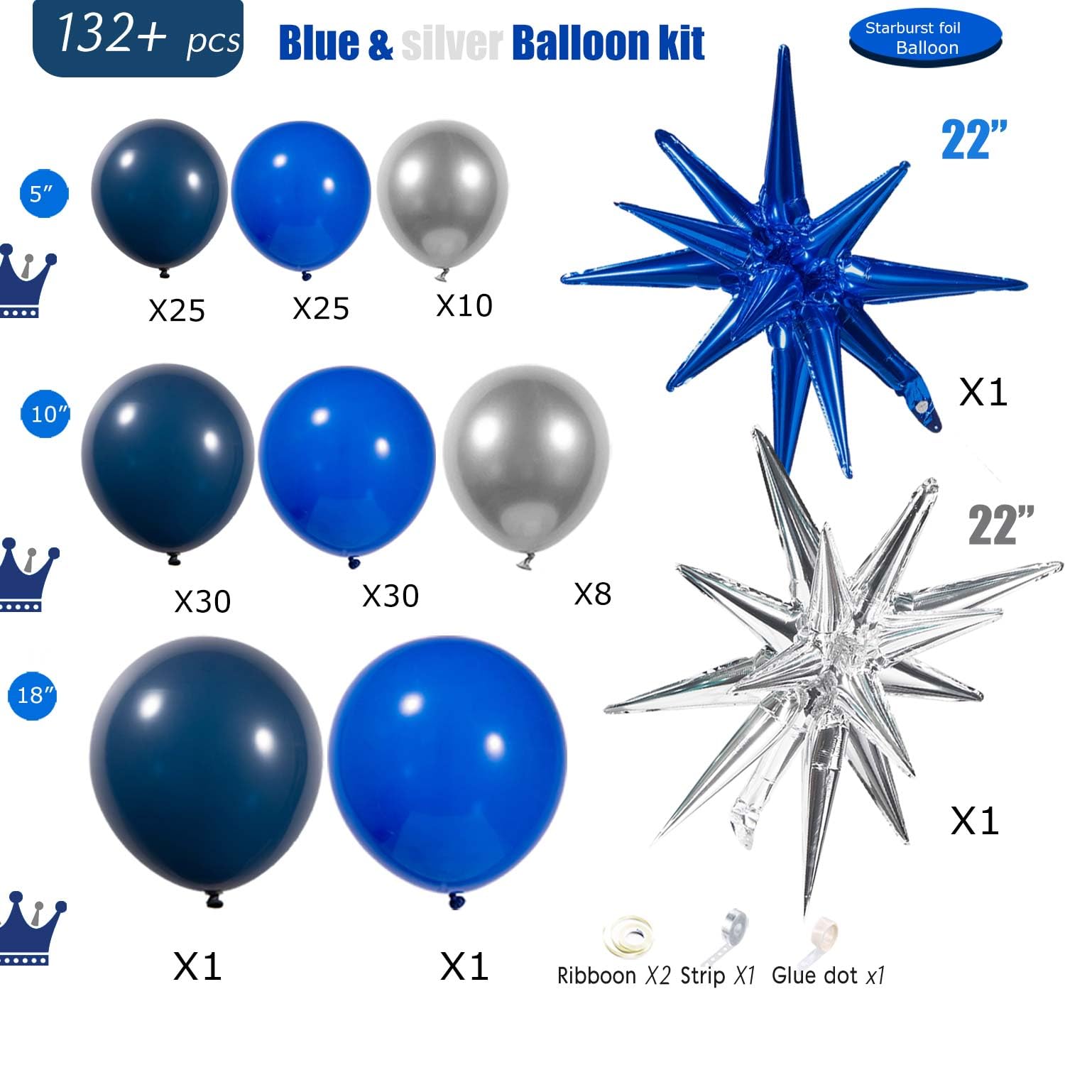 Navy Blue and Silver balloon Garland Kit 132PCS dark blue with starburst Balloons Arch for baby shower boy 1st birthday party anniversary 2024 graduation ceremony decorations