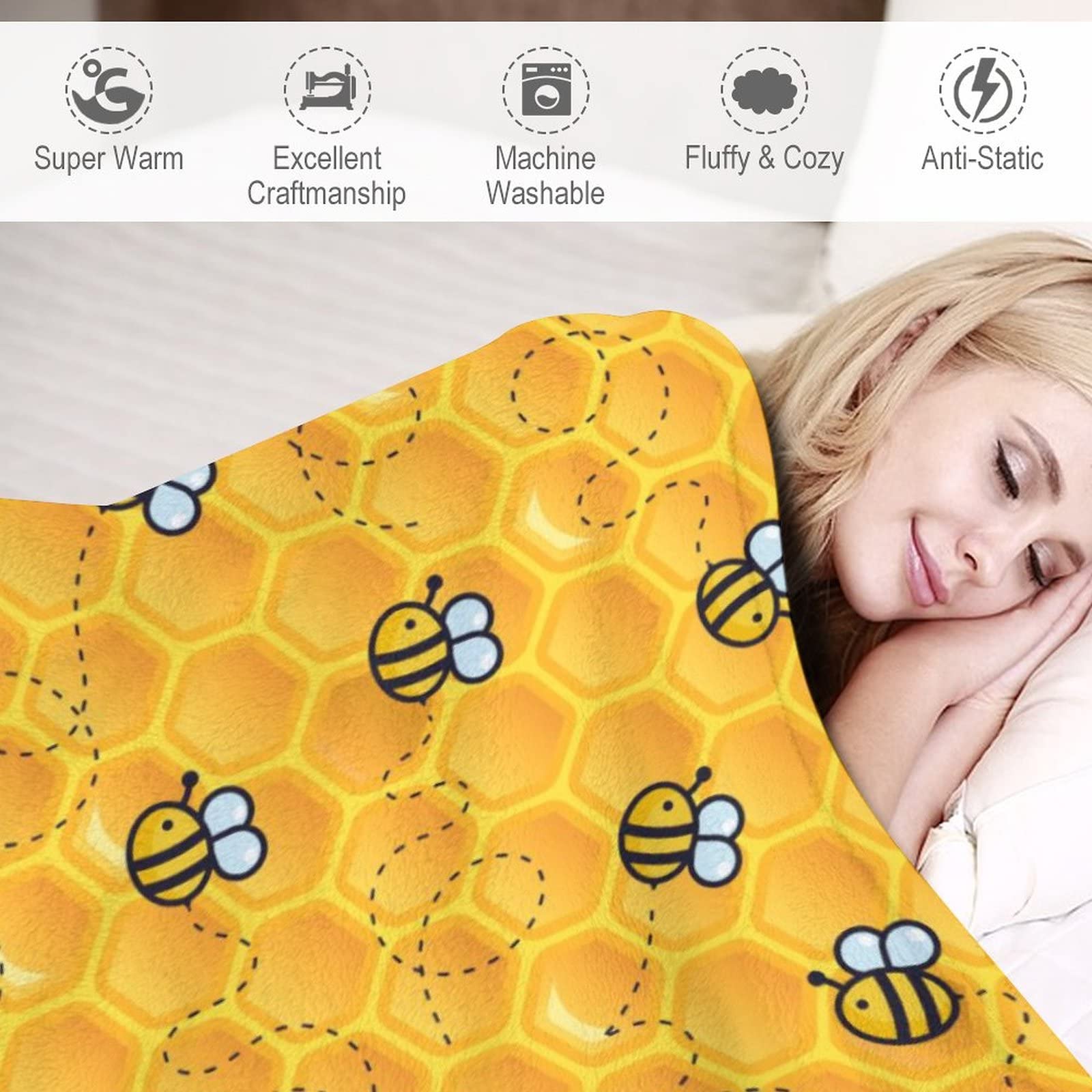 Bee Blanket Gifts - 40x50 Inches Cute Throw Blanket for Women & Girls - Yellow Soft Fuzzy Plush Blankets for Couch, Sofa