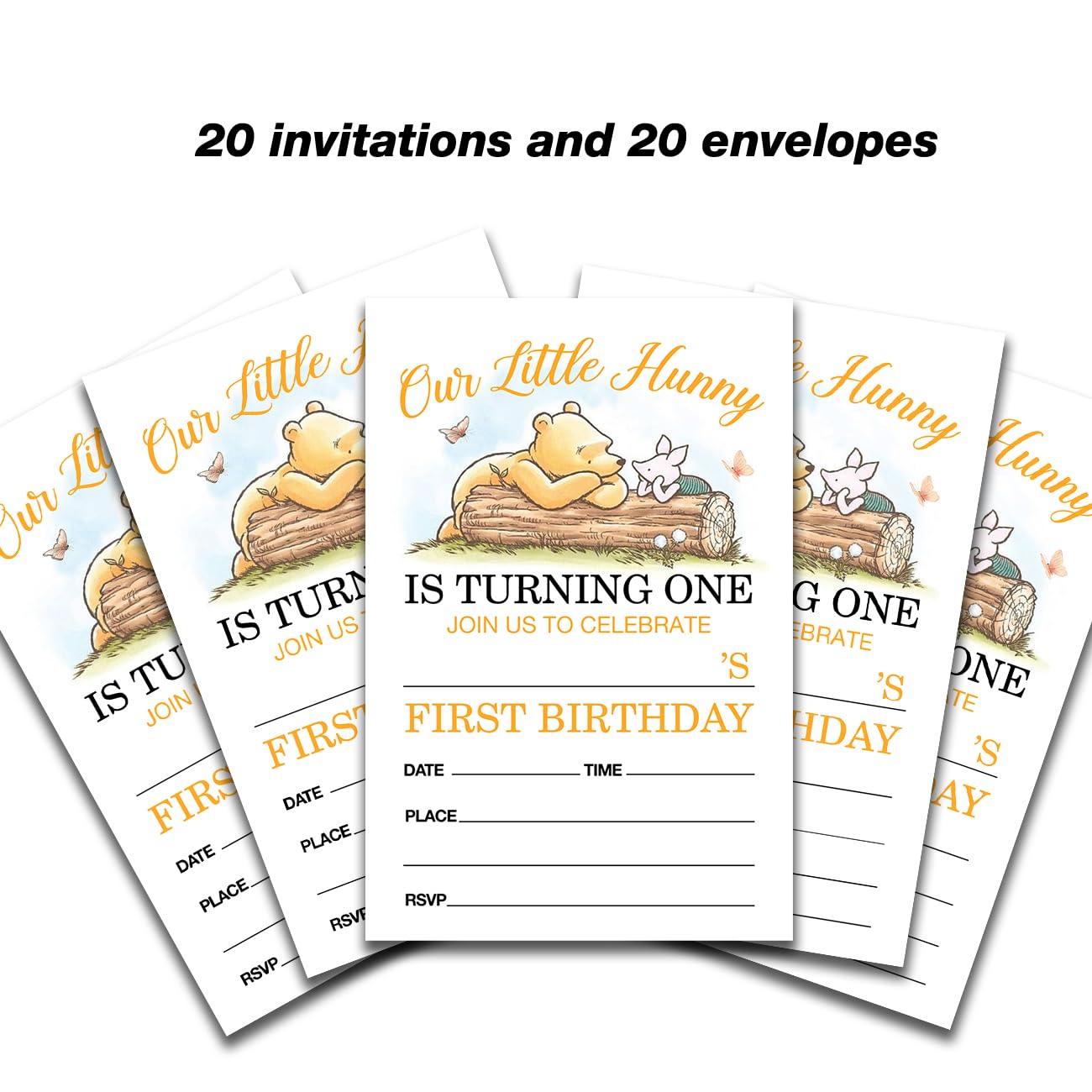 Dolimifa Classic Winnie the Pooh 1st Birthday Invitations Fill in Style Our Little Hunny is Turning One First Birthday Invites, 20 Count With Envelopes