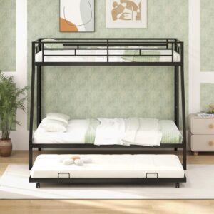 Giantex Twin Over Full Bunk Bed with Trundle, Heavy-Duty Metal Triple Bunk Beds w/Two Side Ladders & Safety Guard Rail, 3 in 1 Bunk Beds for Kids Teens, No Box Spring Needed, Black