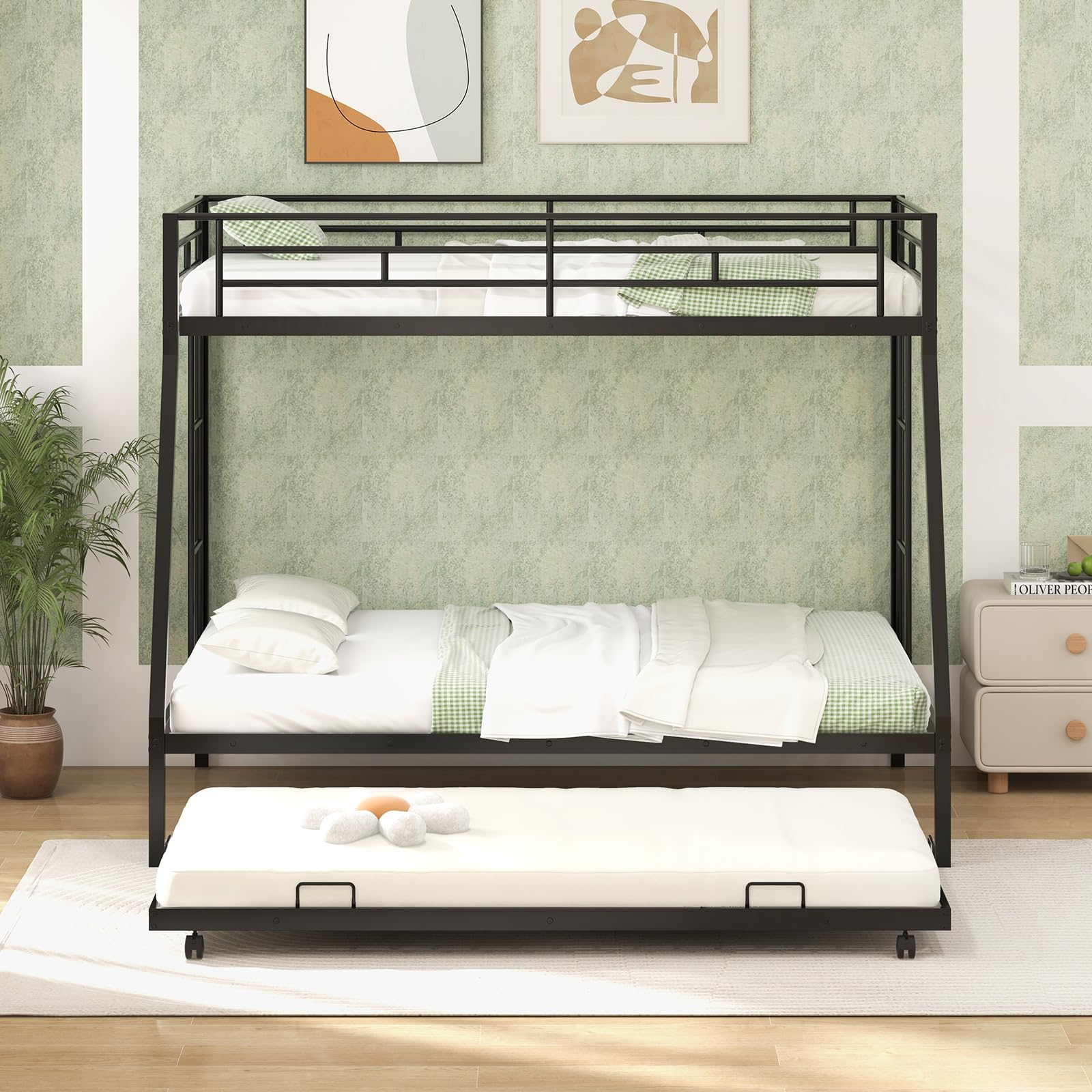 Giantex Twin Over Full Bunk Bed with Trundle, Heavy-Duty Metal Triple Bunk Beds w/Two Side Ladders & Safety Guard Rail, 3 in 1 Bunk Beds for Kids Teens, No Box Spring Needed, Black