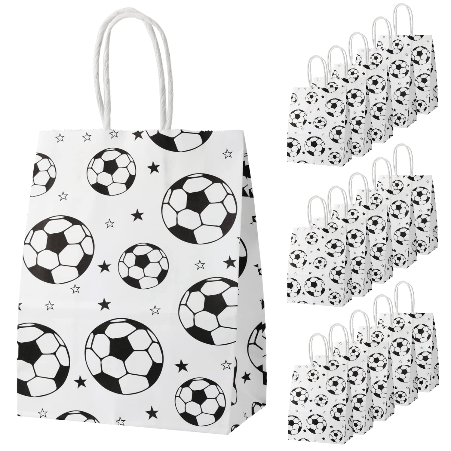 16pcs Soccer Party Favor Paper Bags, White Football Gift Bag Football Themed Party Bags with Handles Soccer Goodie Bags Treat Candy Bags for Kids Adults Soccer Party Supplies