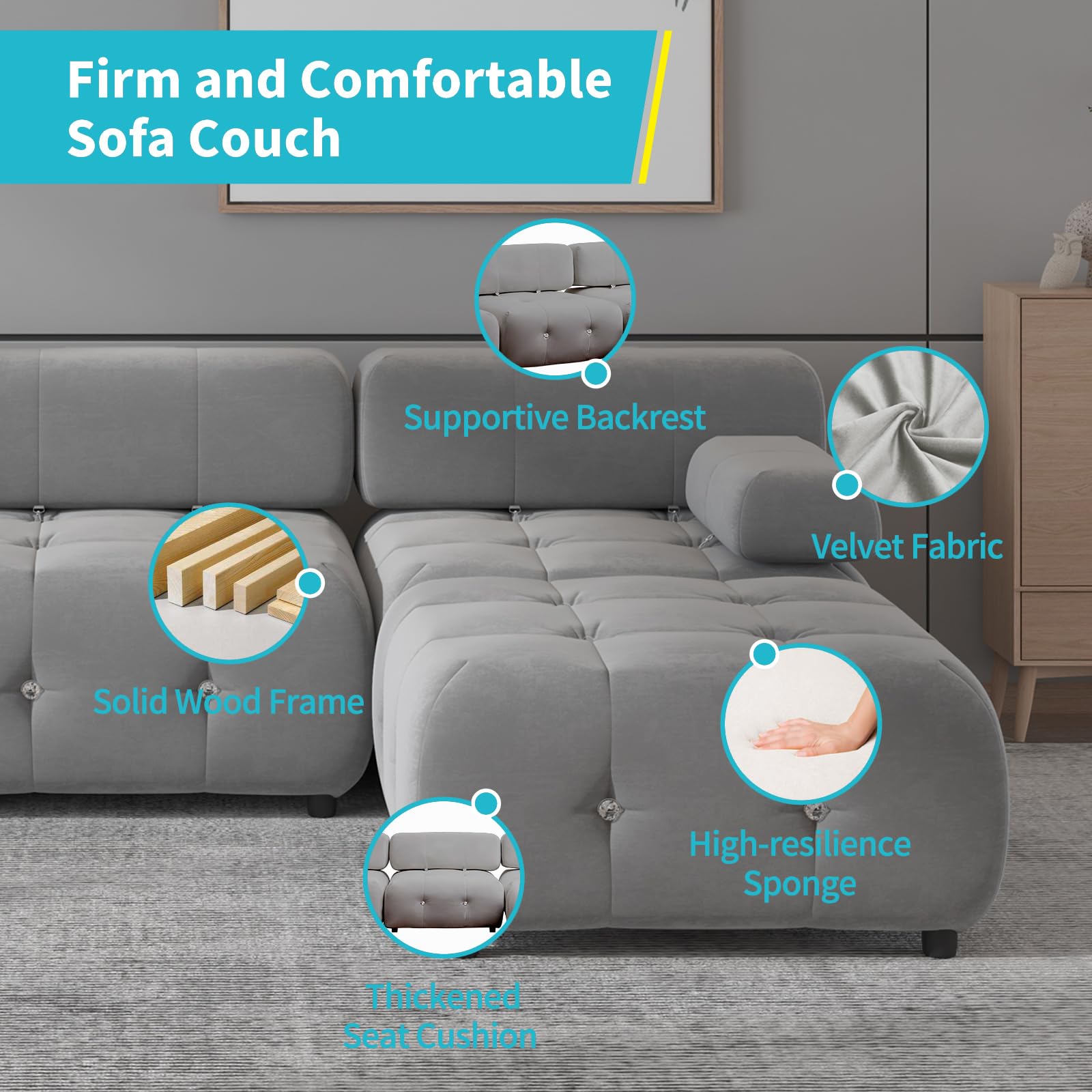 CECER 103" W Convertible Modular Sectional Sofa, L-Shaped Minimalist Velvet Sofas Couch, Luxury Modern 4-Seater Bubble Sofa with Ottoman for Living Room/Office/Apartment-Light Grey