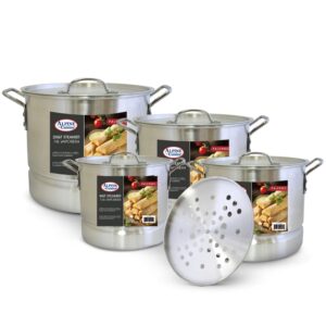 alpine cuisine aluminum steamer stock pot 12pc set with cooking pot lids 8, 12, 16, 20 quart | multi-tier steaming capability | ergonomically designed handles | easy to use & effortless clean