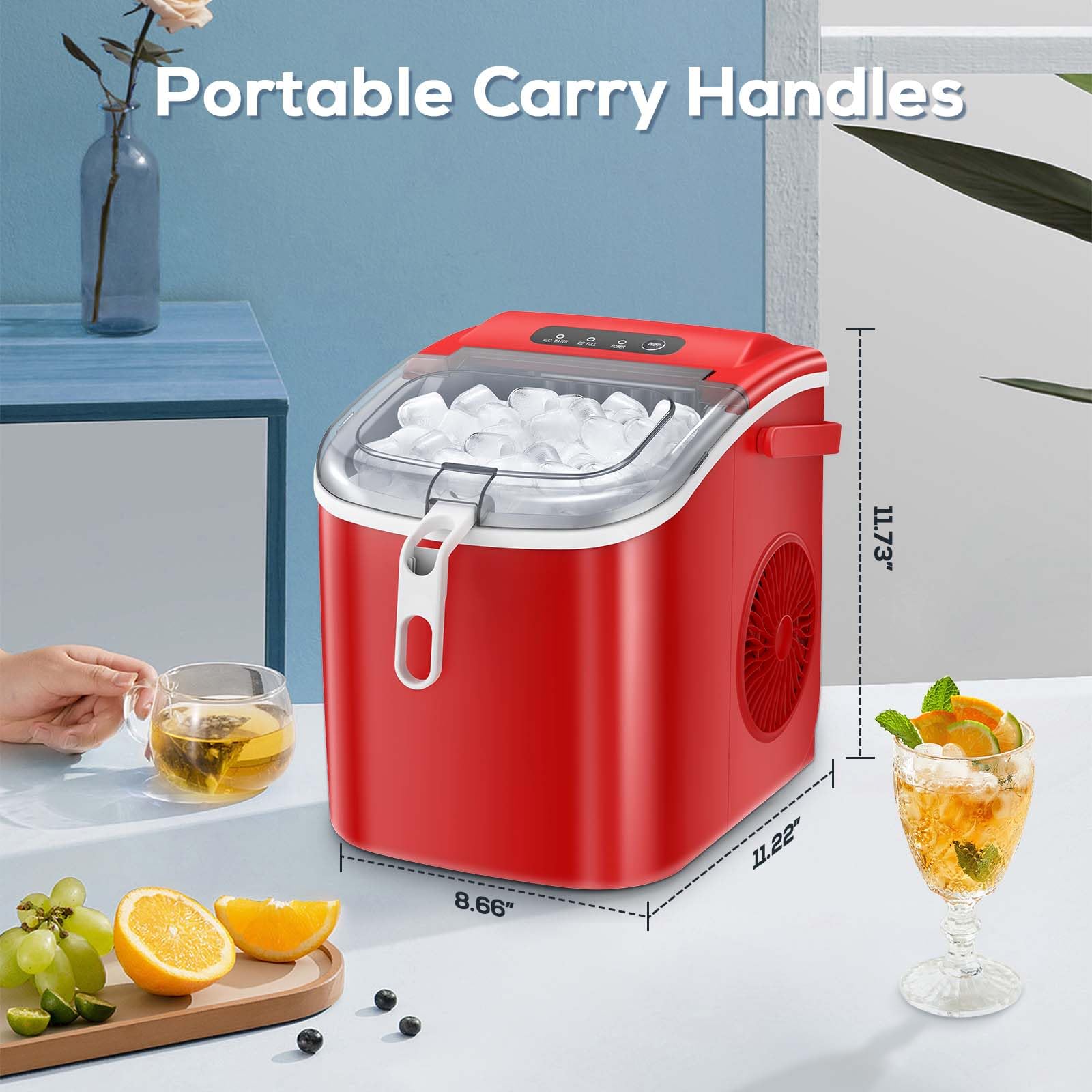 ZAFRO Ice Makers Countertop, Portable Ice Machine with Handles, Self-Cleaning Ice Makers with Basket and Scoop, 9 Cubes in 6 Mins, 26 lbs Per Day, Suitable for Your Kitchen, Office, Party （Red）