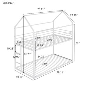 LostCat Twin Over Twin Metal Bunk Bed, House Low Bunk Bed Frame w/Safety Guardrail & Ladder, No Box Spring Needed, SEasy to Install, for Kids, Teens, Girls, Boys, White