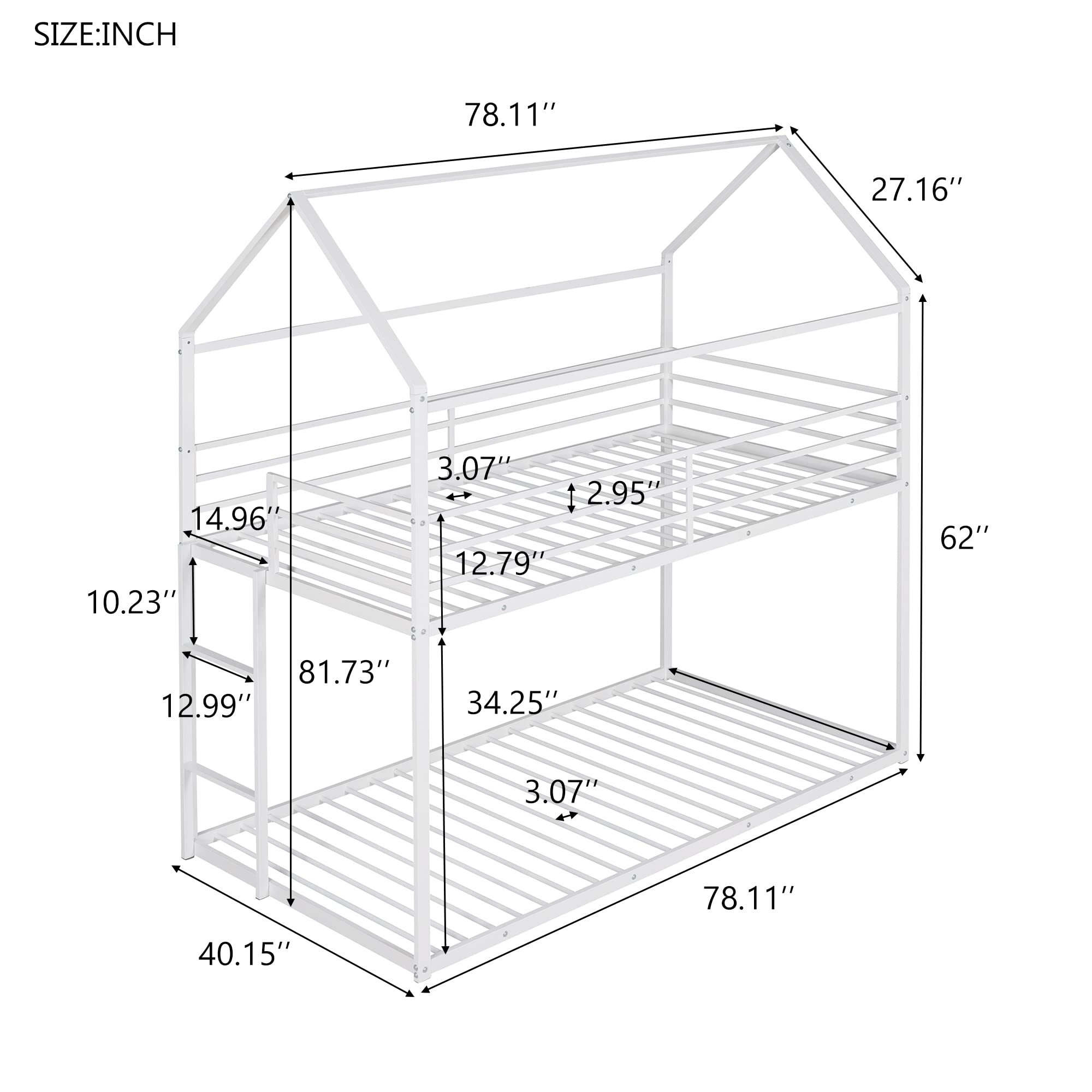 LostCat Twin Over Twin Metal Bunk Bed, House Low Bunk Bed Frame w/Safety Guardrail & Ladder, No Box Spring Needed, SEasy to Install, for Kids, Teens, Girls, Boys, White