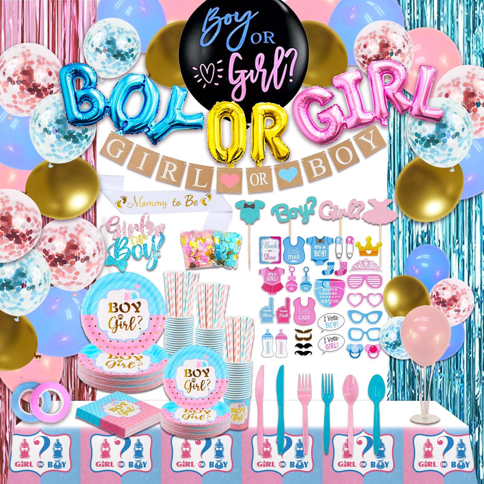 Guudmua 312 Pcs Gender Reveal Decorations, Baby Gender Reveal Party Supplies- Disposable Dinnerware Set With Pink and Blue (25 Guest), Boy or Girl Banner, Balloon, Sash, Cake Topper, Photo Props