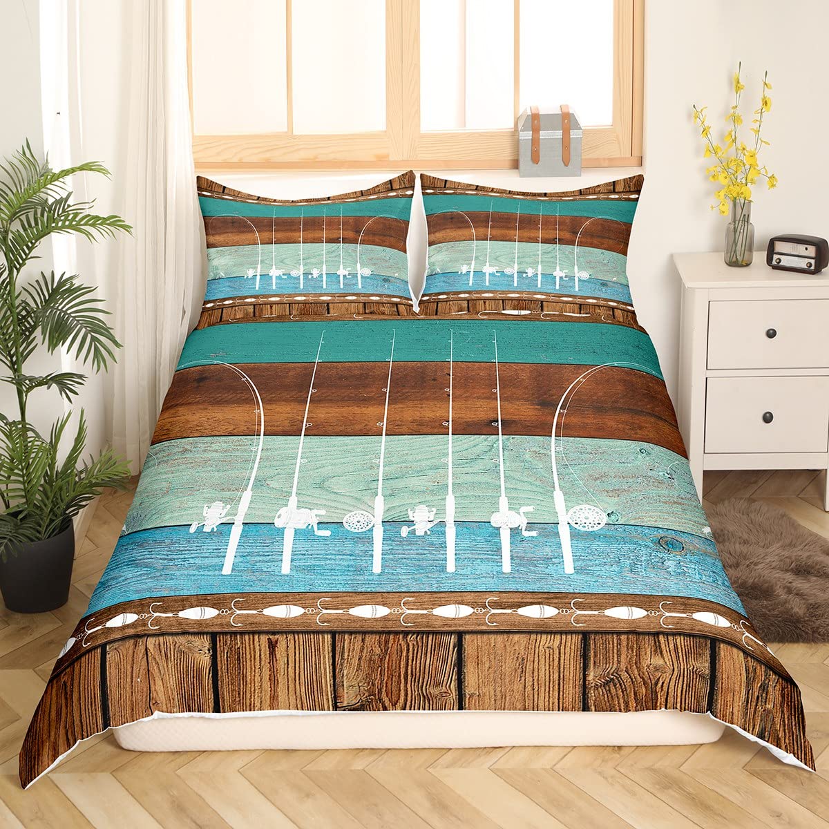 Go Fishing Bedding Set Fishing Line Fish Comforter Cover Fishing Gifts for Men,Rustic Wooden Plank Duvet Cover Fishings Rods Bed Sets Full,Fish Fancier Room Decor Dad Gift for Fathers Day,Brown Blue