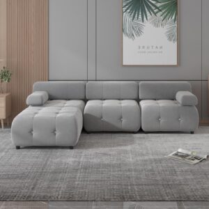 cecer 103" w convertible modular sectional sofa, l-shaped minimalist velvet sofas couch, luxury modern 4-seater bubble sofa with ottoman for living room/office/apartment-light grey