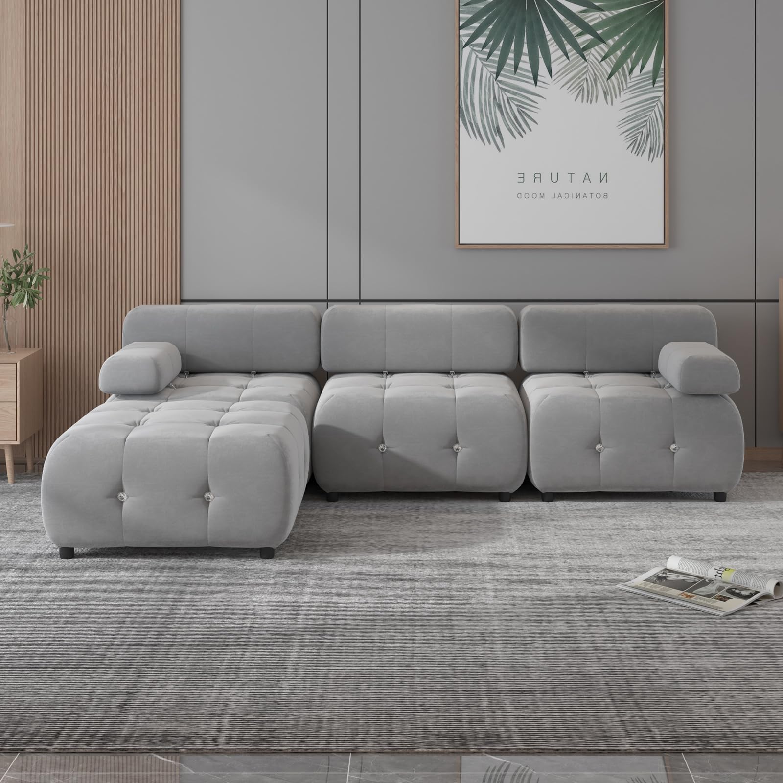 CECER 103" W Convertible Modular Sectional Sofa, L-Shaped Minimalist Velvet Sofas Couch, Luxury Modern 4-Seater Bubble Sofa with Ottoman for Living Room/Office/Apartment-Light Grey