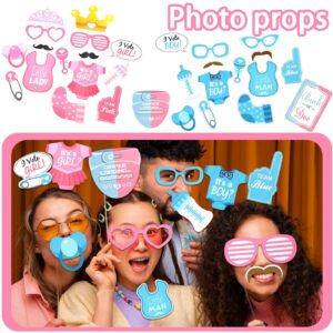 Guudmua 312 Pcs Gender Reveal Decorations, Baby Gender Reveal Party Supplies- Disposable Dinnerware Set With Pink and Blue (25 Guest), Boy or Girl Banner, Balloon, Sash, Cake Topper, Photo Props