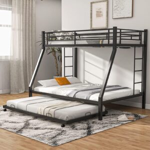 giantex twin over full bunk bed with trundle, heavy-duty metal triple bunk beds w/two side ladders & safety guard rail, 3 in 1 bunk beds for kids teens, no box spring needed, black