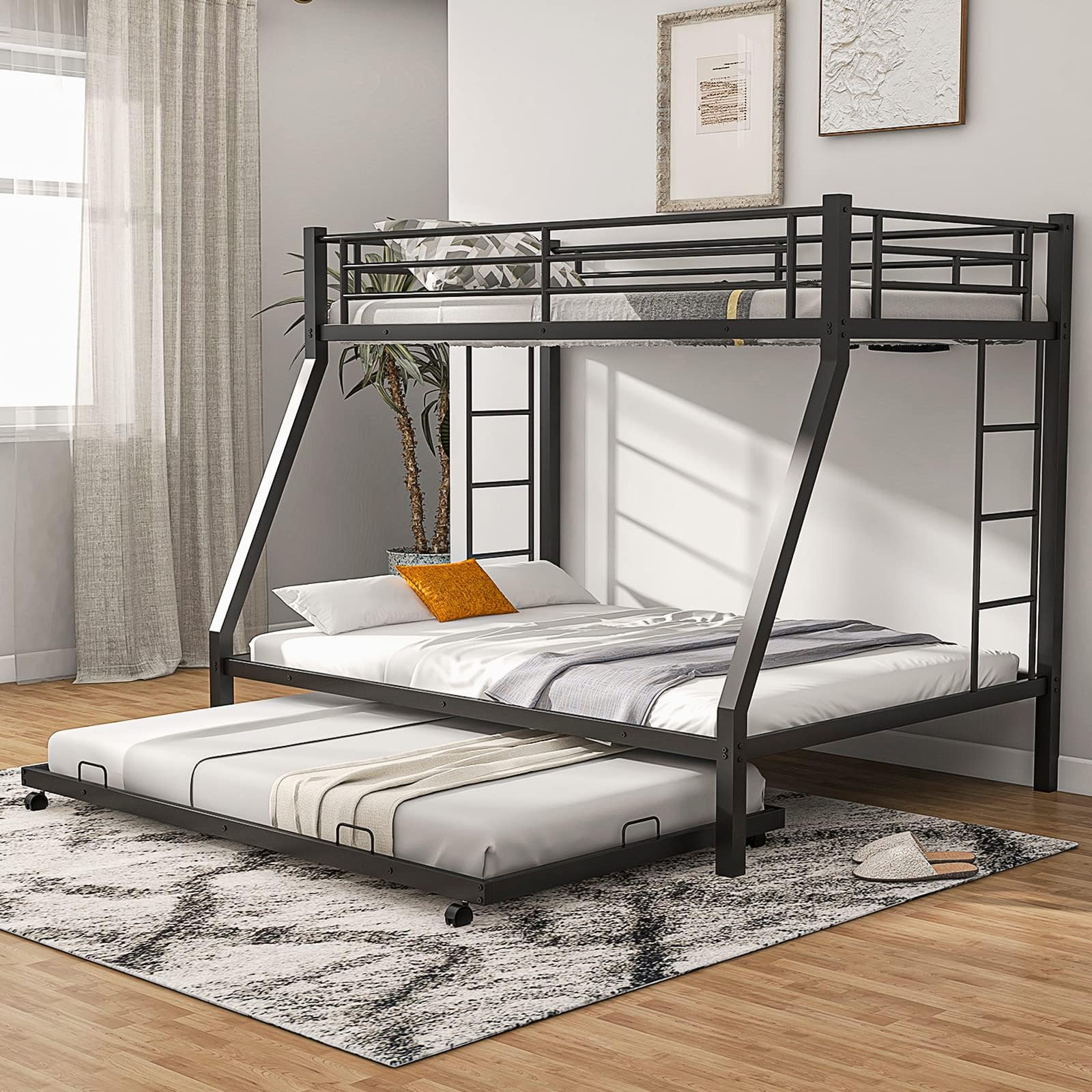 Giantex Twin Over Full Bunk Bed with Trundle, Heavy-Duty Metal Triple Bunk Beds w/Two Side Ladders & Safety Guard Rail, 3 in 1 Bunk Beds for Kids Teens, No Box Spring Needed, Black