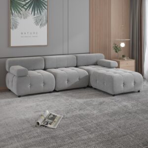 CECER 103" W Convertible Modular Sectional Sofa, L-Shaped Minimalist Velvet Sofas Couch, Luxury Modern 4-Seater Bubble Sofa with Ottoman for Living Room/Office/Apartment-Light Grey